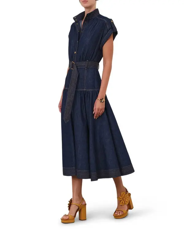 Zimmermann Midi Denim Dress With Belt And Gold Hardware