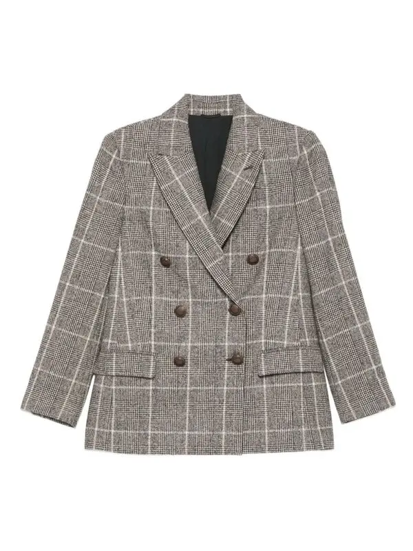Brunello Cucinelli Alpaca Wool Prince Of Wales Double-breasted Blazer With Monili - Brown