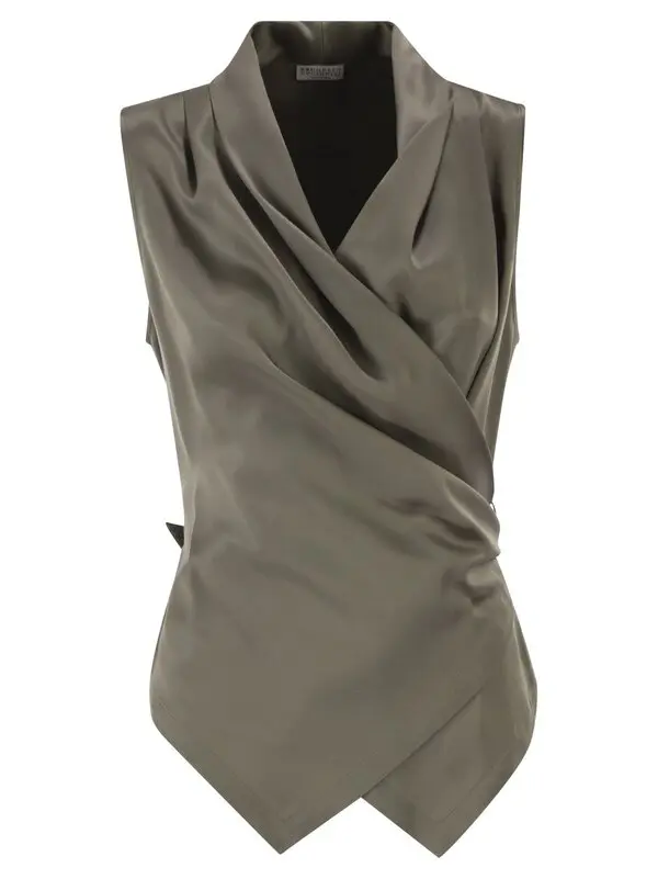 Brunello Cucinelli Sleeveless Silk Satin Wrap Top