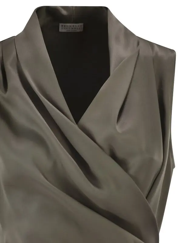 Brunello Cucinelli Sleeveless Silk Satin Wrap Top