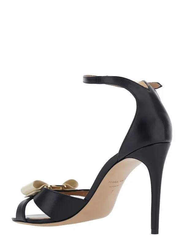 FERRAGAMO Vara Black Leather High Heel Sandals With Bow Detail - Multicolor