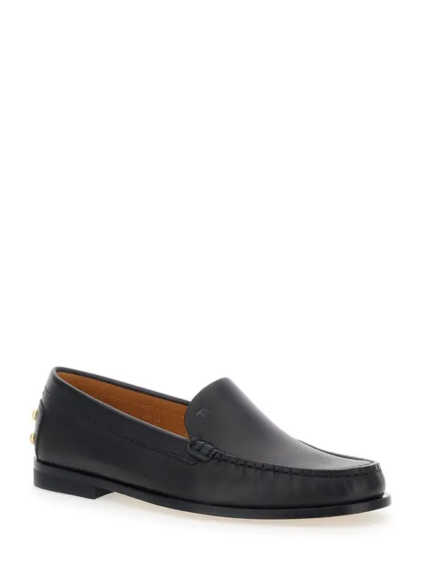TOD'S Black Leather Loafers With Embossed Logo And Stud Details - Multicolor