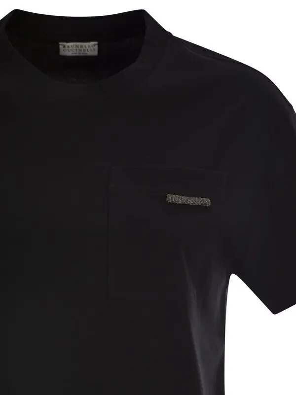 Brunello Cucinelli Cotton Jersey T-shirt With Embellished Pocket - Black