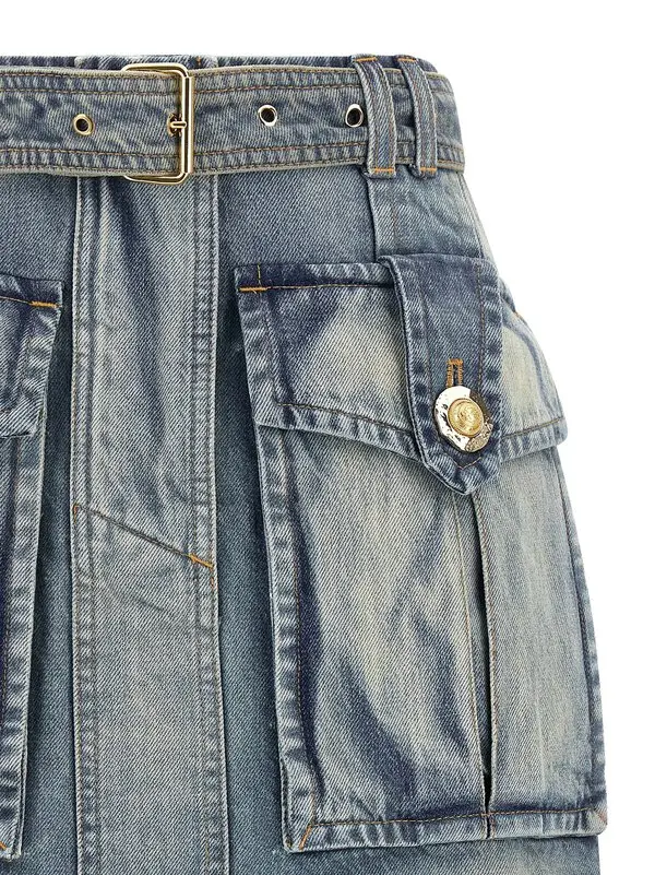 Balmain Stonewashed Cotton Denim Mini Skirt With Cargo Pockets
