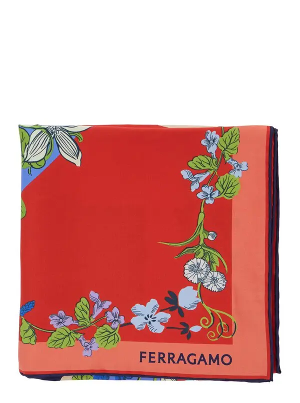 FERRAGAMO Red Scarf With Floral Print Motif And Lettering Logo In Silk - Multicolor