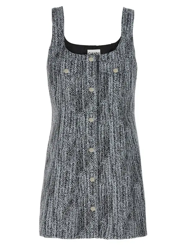 GANNI Cotton Tweed Square Neck Mini Dress