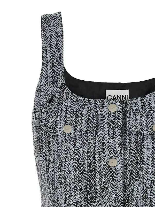 GANNI Cotton Tweed Square Neck Mini Dress