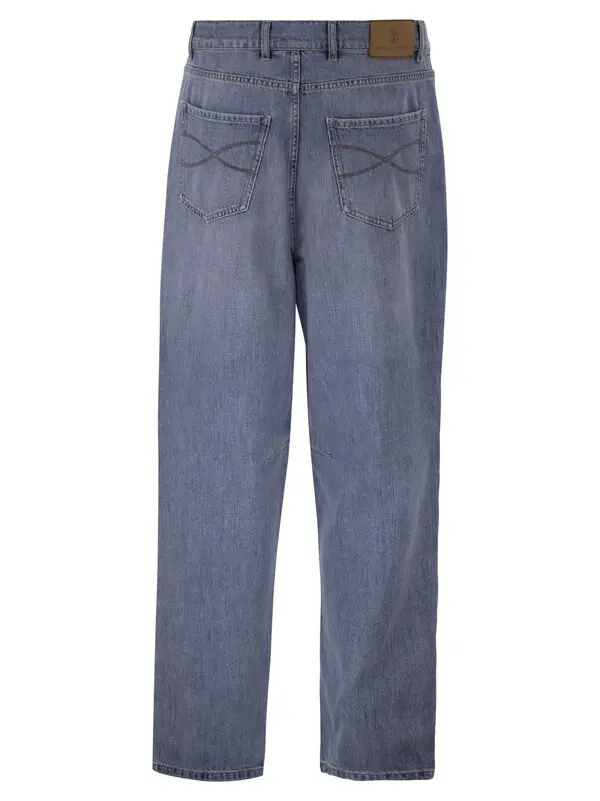 Brunello Cucinelli Baggy Cotton Denim Jeans With Double Pleats - Multicolor