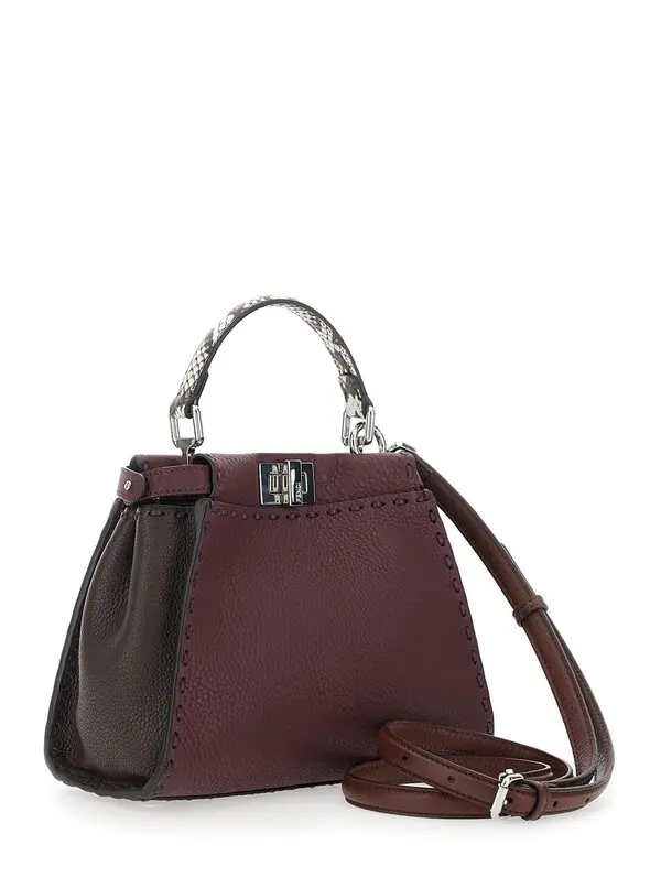 Fendi Bordeaux Peekaboo Tote Bag With Snakeskin Handle And Turn Lock Closure