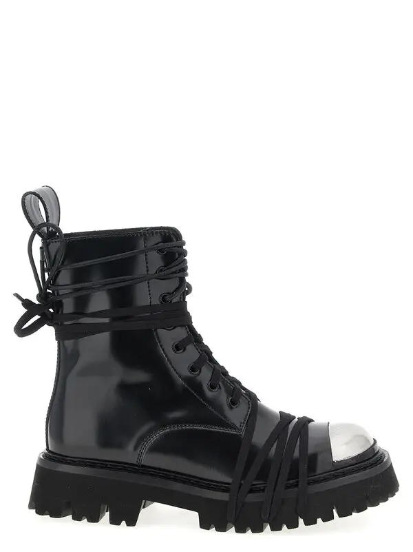 Moschino Calf Leather Combat Boots With Metal Cap Toe And Lace Up Detail - Black