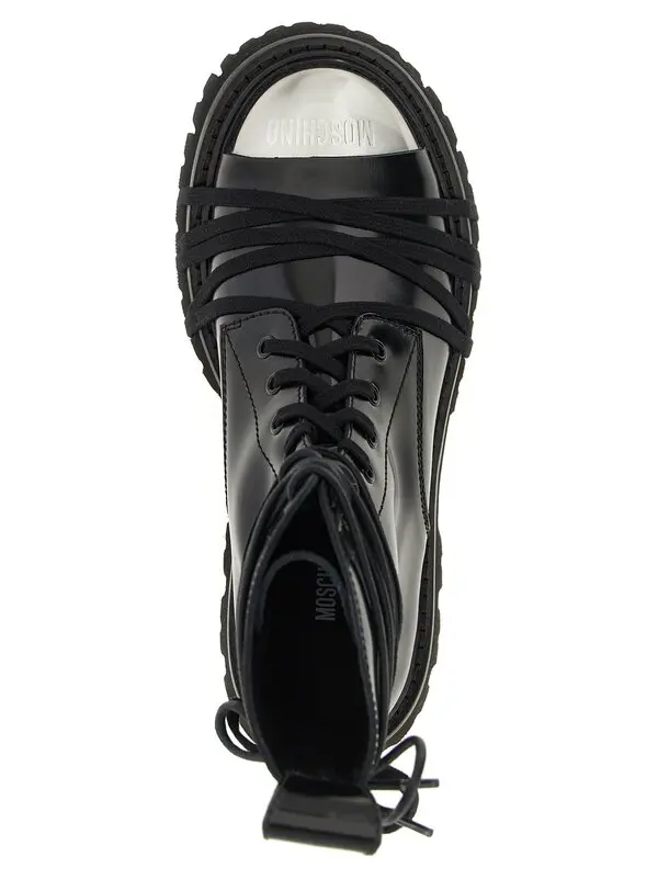 Moschino Calf Leather Combat Boots With Metal Cap Toe And Lace Up Detail