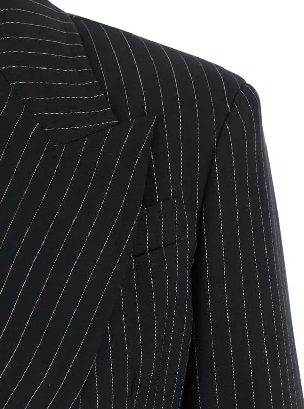 Max Mara Black Wool Double-breasted Jacket With Peak Lapel And Striped Motif - Multicolor