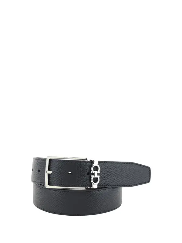 FERRAGAMO Reversible Grained Leather Belt With Gancini Buckle - Black