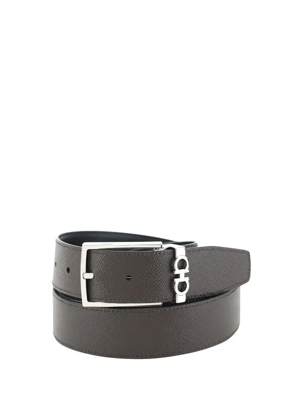 FERRAGAMO Reversible Grained Leather Belt With Gancini Buckle - Black