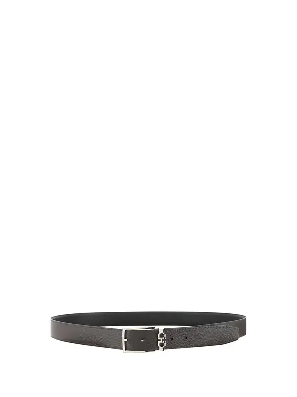 FERRAGAMO Reversible Grained Leather Belt With Gancini Buckle - Black