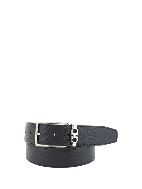 FERRAGAMO Reversible Grained Leather Belt With Gancini Buckle - Black