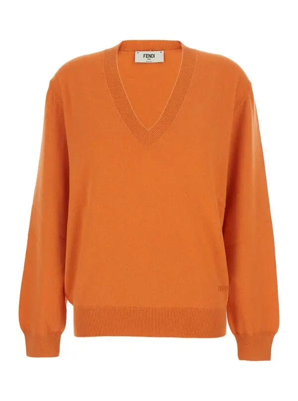 Fendi Cashmere V-neck Oversized Sweater With Logo Embroidery - Multicolor