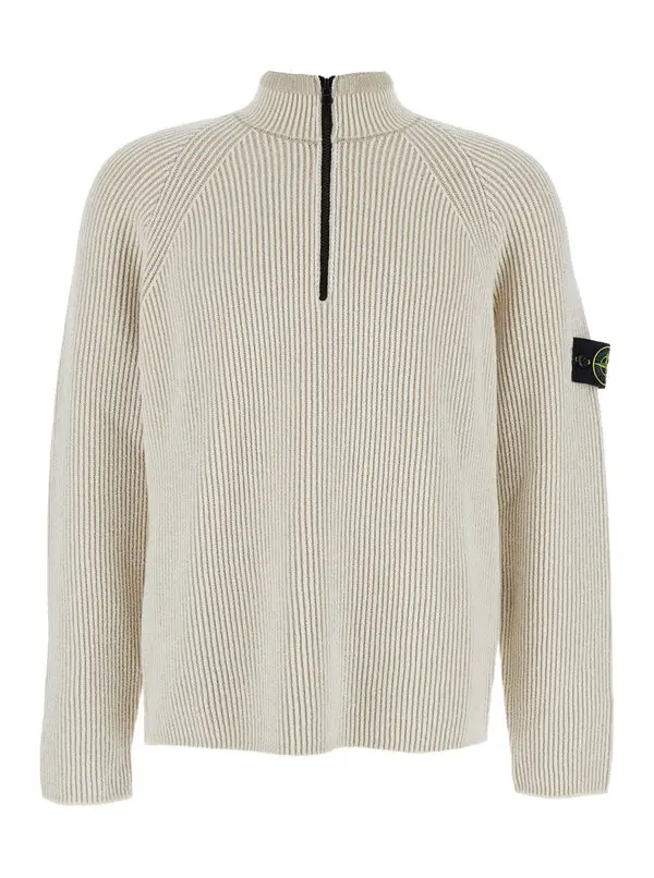 Stone Island Wool Stretch Half Zip Sweater With Logo Patch