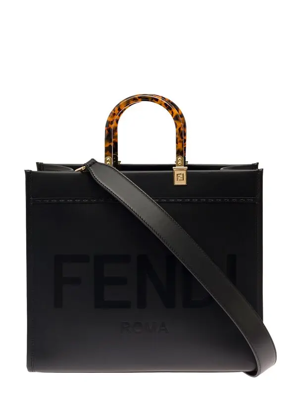 Fendi Black Leather Embossed Logo Tote - Multicolor