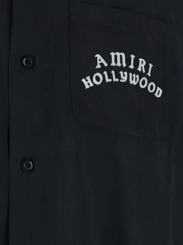 Amiri Black Shirt With Cuban Collar And Logo Lettering On Front In Modal - Multicolor