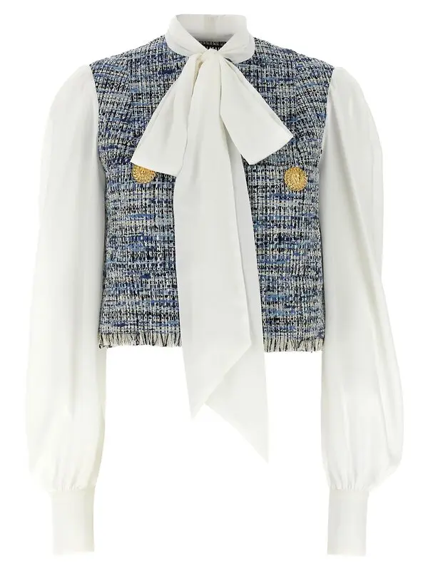 Balmain Tweed Shirt With Levallière Sleeves And Collar - Multicolor