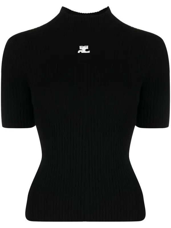 COURREGES Ribbed Knit Short Sleeve Sweater - Black