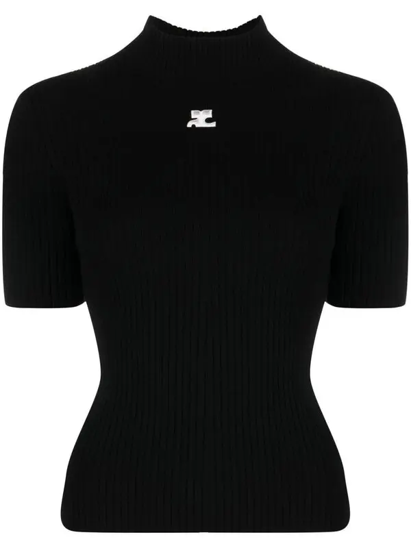 COURREGES Ribbed Knit Short Sleeve Sweater - Black