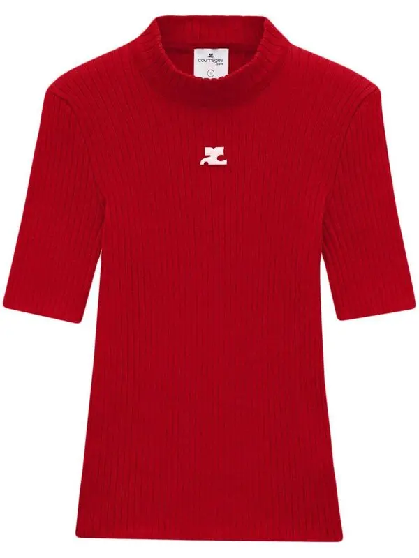 COURREGES Ribbed Knit Short Sleeve Sweater - Red