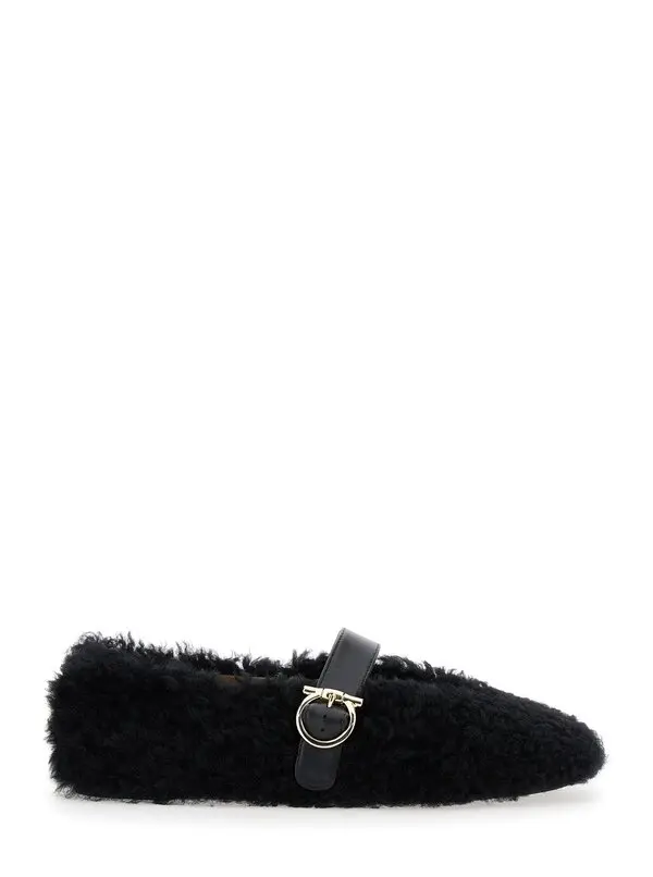 FERRAGAMO Shearling Trimmed Ballerina Flats With Buckle - Multicolor