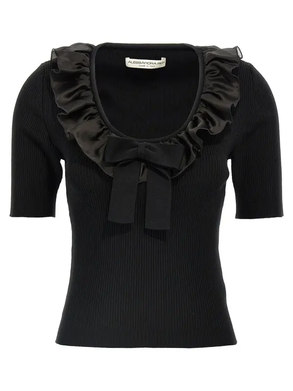 Alessandra Rich Ribbed T-shirt With Ruffle Neckline And Bow Detail - Black