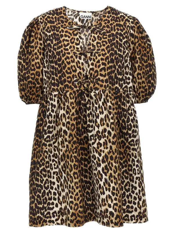 GANNI Leopard Print Cotton Poplin Dress - Multicolor