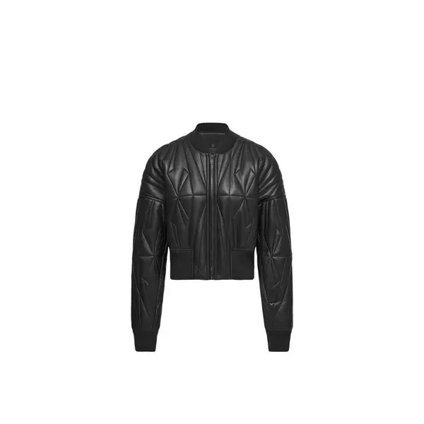 Moncler Leather Bomber Jacket With Logo Patch - Black