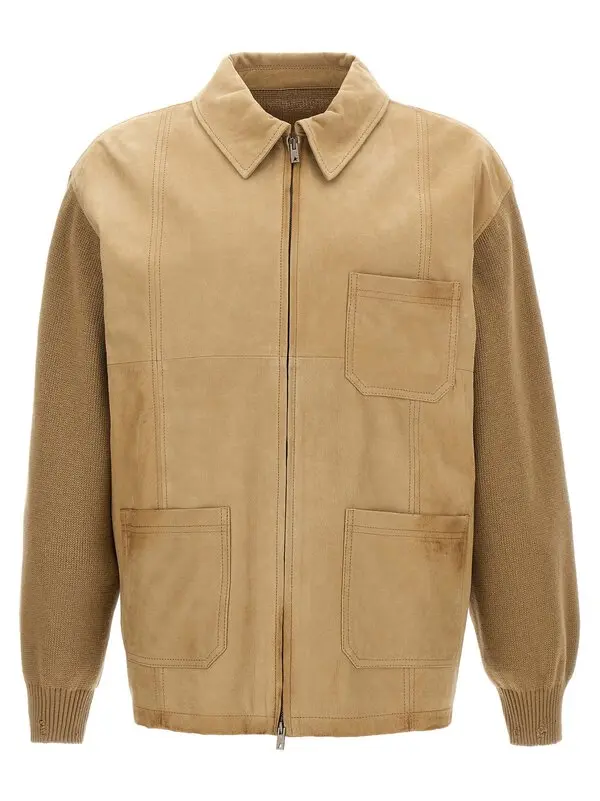 GOLDEN GOOSE Neil Wool Blend Knit And Nubuck Leather Jacket - Cream