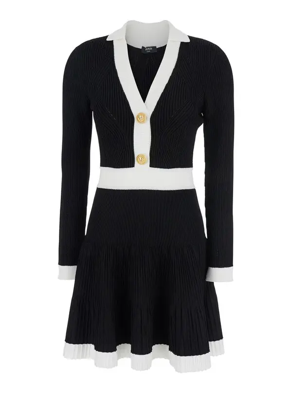 Balmain Knit Dress With Flared Skirt And V-neck - Multicolor