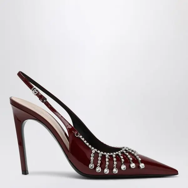 Gucci Bordeaux Patent Leather Pump With Crystal Chain Detail - Red