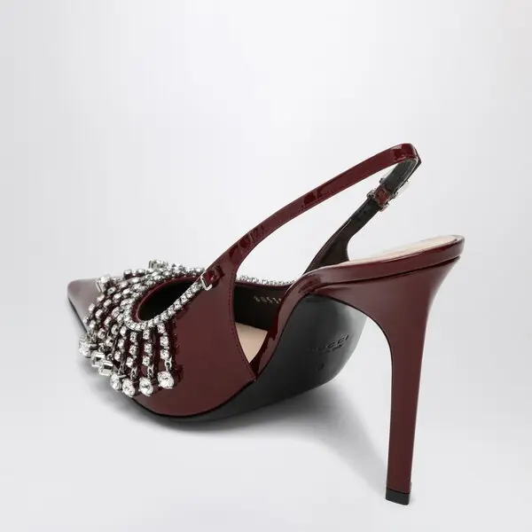 Gucci Bordeaux Patent Leather Pump With Crystal Chain Detail - Red