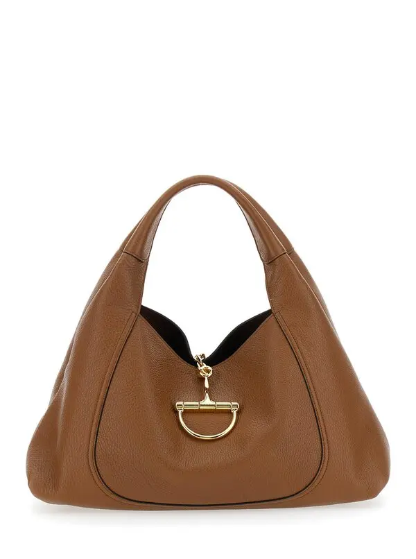 Gucci Shoulder Bag With Horsebit Closure In Grained Leather - Brown