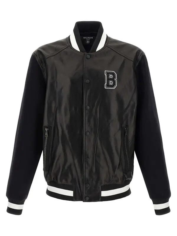 Balmain Varsity Bomber Jacket With Leather And Wool Sleeves - Multicolor