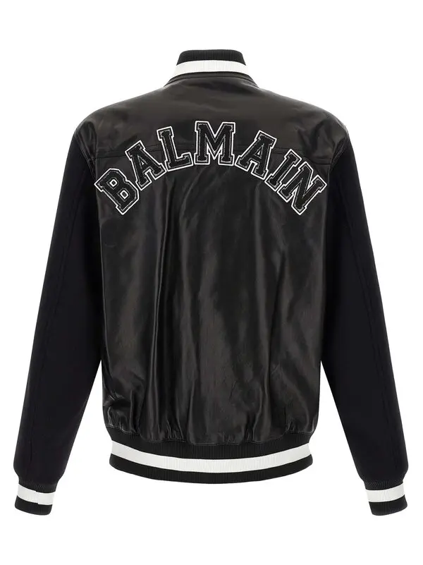 Balmain Varsity Bomber Jacket With Leather And Wool Sleeves - Multicolor