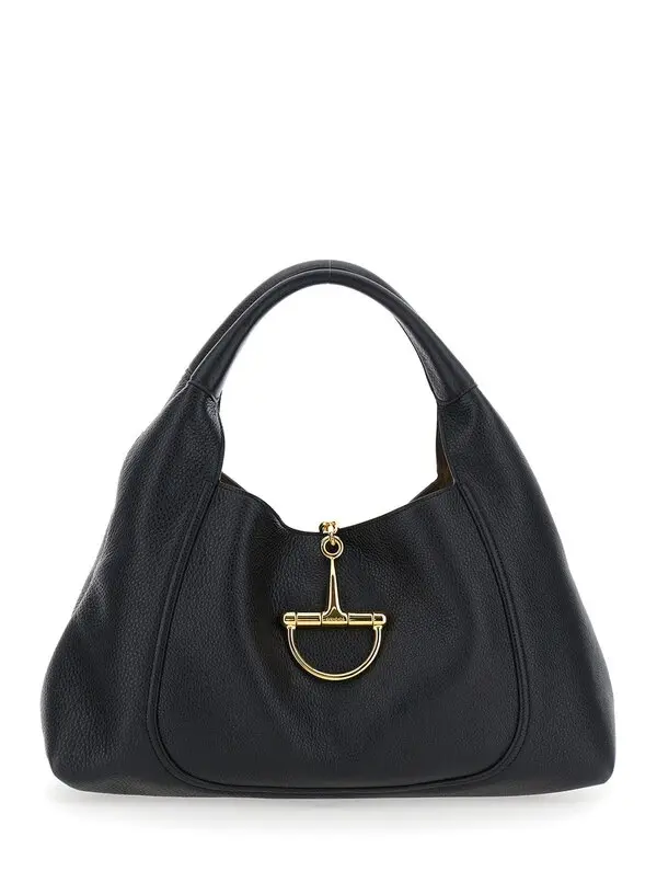 Gucci Grained Leather Horsebit Shoulder Bag - Black