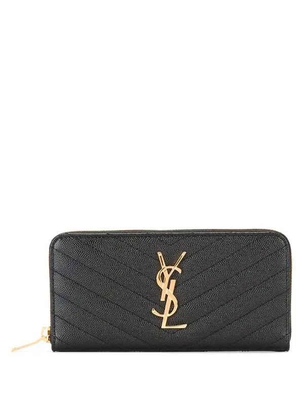 Saint Laurent Cassandre Matelassé Zip Around Wallet In Grain De Poudre Leather - Black