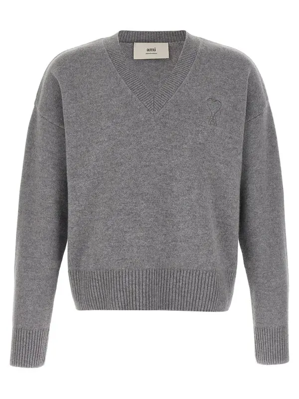 AMI Paris V-neck Wool & Cashmere Sweater With Puff Logo Patch - Gray