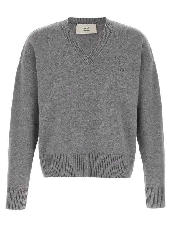 AMI Paris V-neck Wool & Cashmere Sweater With Puff Logo Patch - Gray