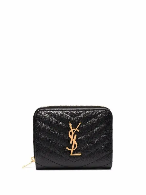 Saint Laurent Cassandre Matelassé Compact Zip Around Wallet In Grain De Poudre Leather - Black