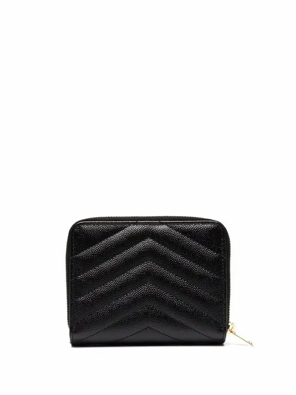 Saint Laurent Cassandre Matelassé Compact Zip Around Wallet In Grain De Poudre Leather - Black
