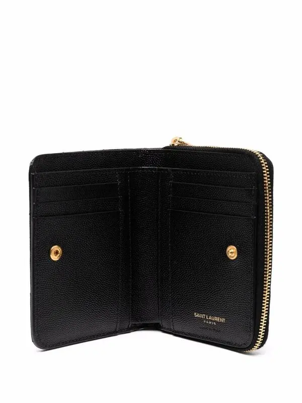 Saint Laurent Cassandre Matelassé Compact Zip Around Wallet In Grain De Poudre Leather - Black