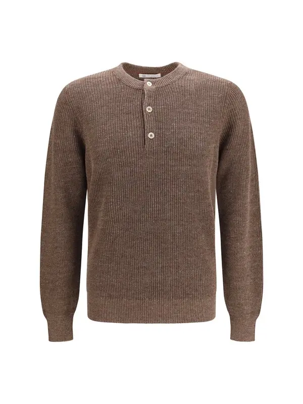 Brunello Cucinelli Cotton Ribbed High Neck Quarter Zip Sweater - Brown