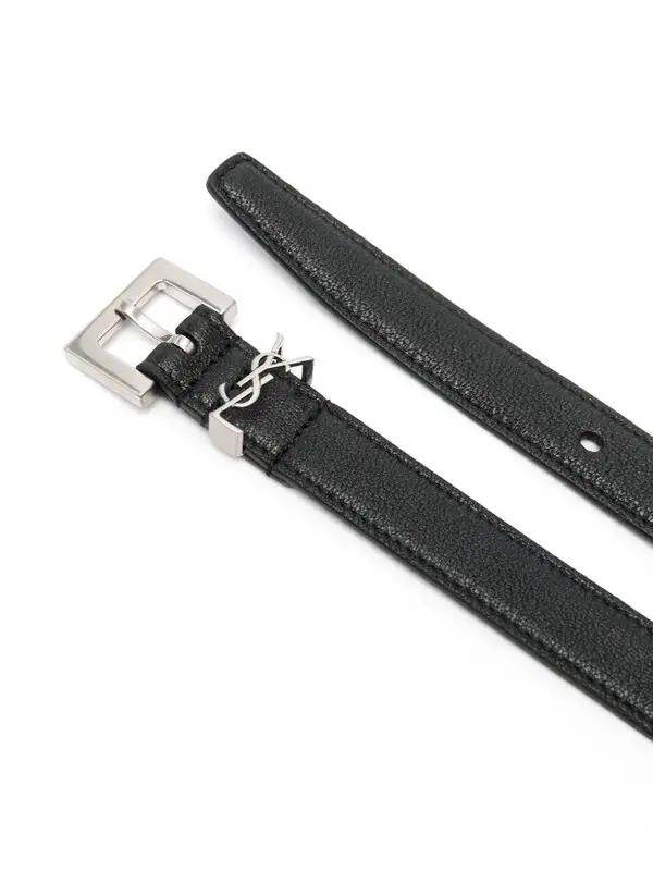 Saint Laurent Squared Buckle Smooth Leather Cassandre Thin Belt - Black