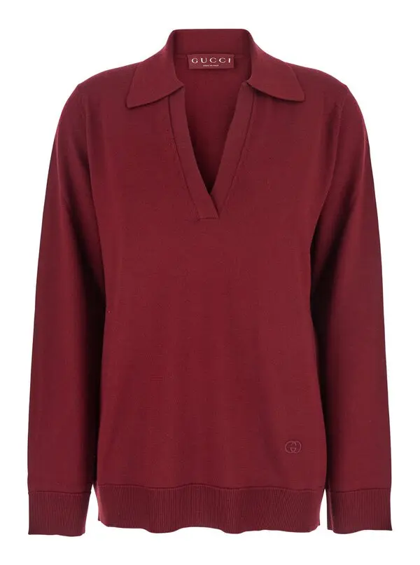 Gucci Bordeaux Wool Polo Collar Sweater With Gg Logo - Multicolor