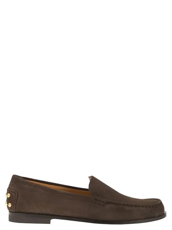 TOD'S Suede Calfskin Loafers With Embossed Monogram And Metal Heel Detail - Brown